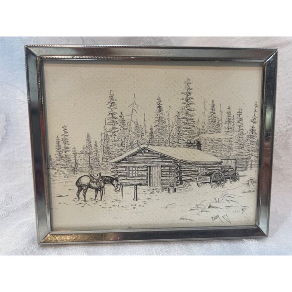 Bob Edgar | Art | Rustic Cabin Horse Sketch Art Print In Vintage Fram ...